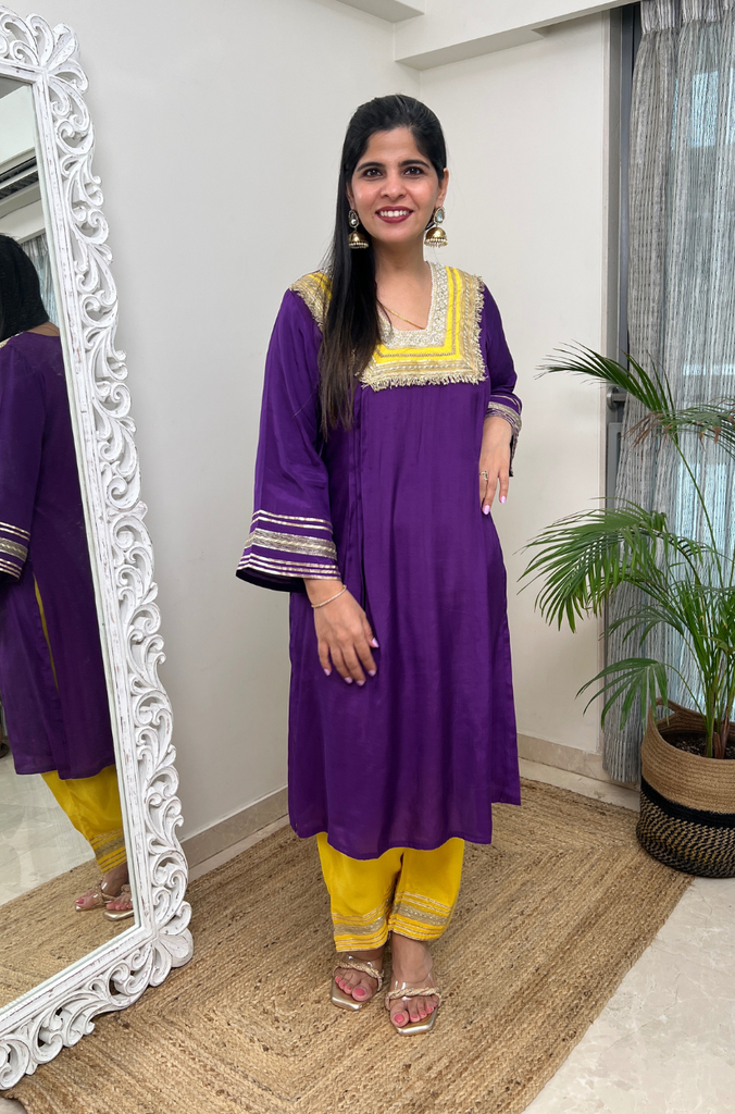 RAAS-Purple & Yellow Glass Neckline Two Piece Set - Ishnya